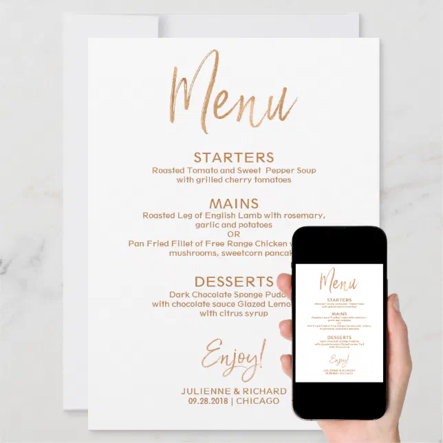 Wedding Menu | Stylish Gold Rose Lettered Invitation | Zazzle