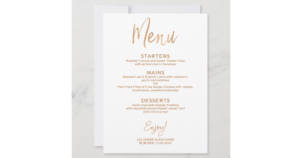 Wedding Menu | Stylish Gold Rose Lettered Invitation | Zazzle