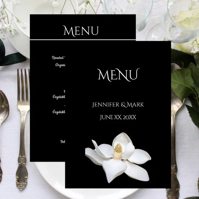 Wedding Menu White Magnolia Black and White | Zazzle