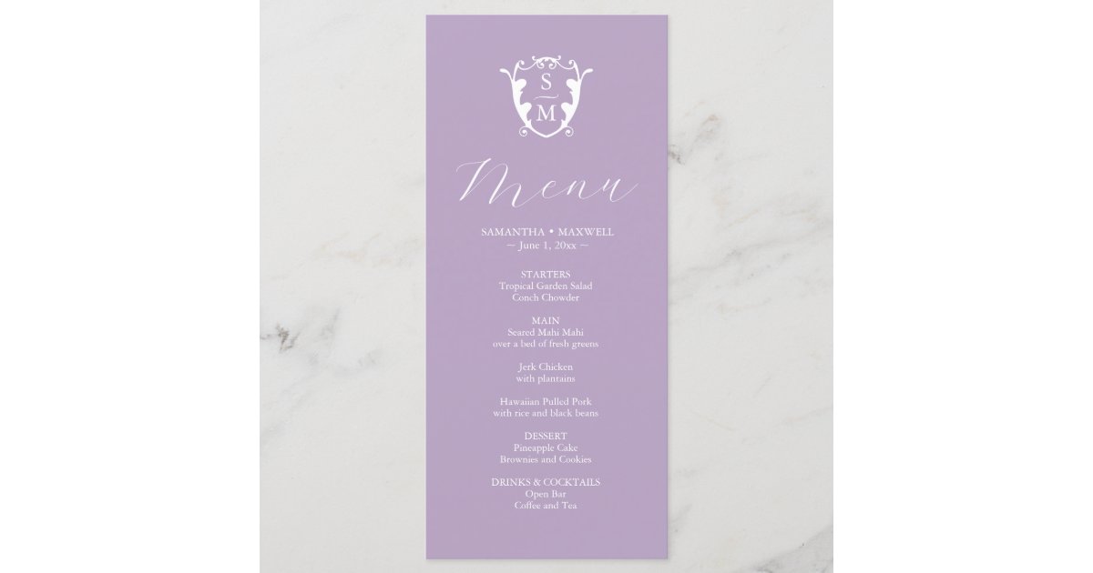 Wedding Menus Simple Monogram Crest Lilac | Zazzle