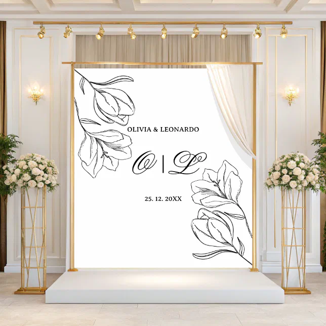 Wedding Minimal Black And White Floral Backdrop | Zazzle
