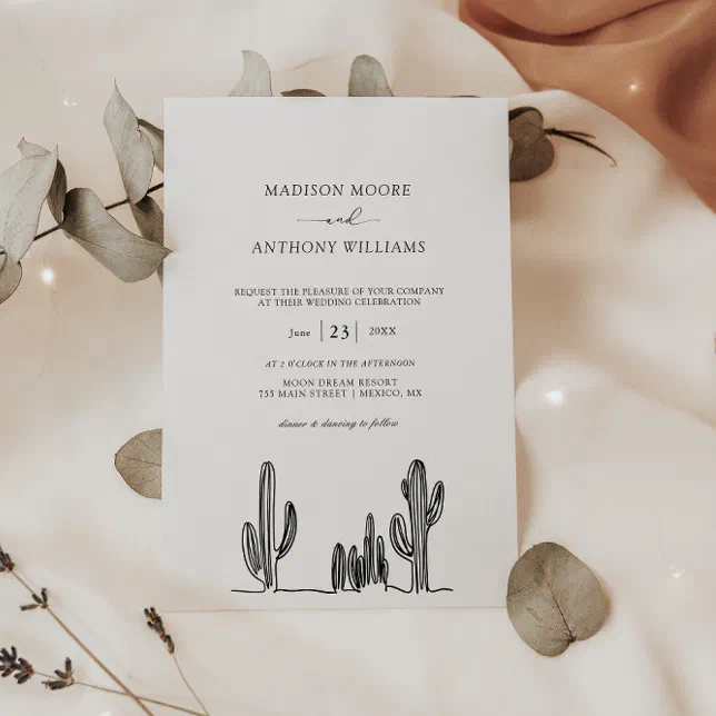 Wedding Minimalist Cactus Line Art Desert Invitation | Zazzle