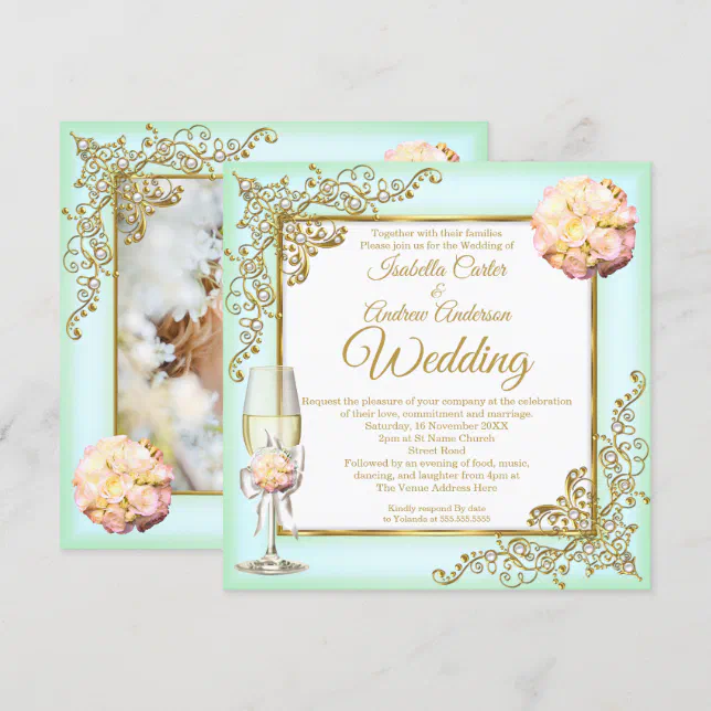 Wedding Mint Coral Champagne Gold Pearl Photo Invitation | Zazzle