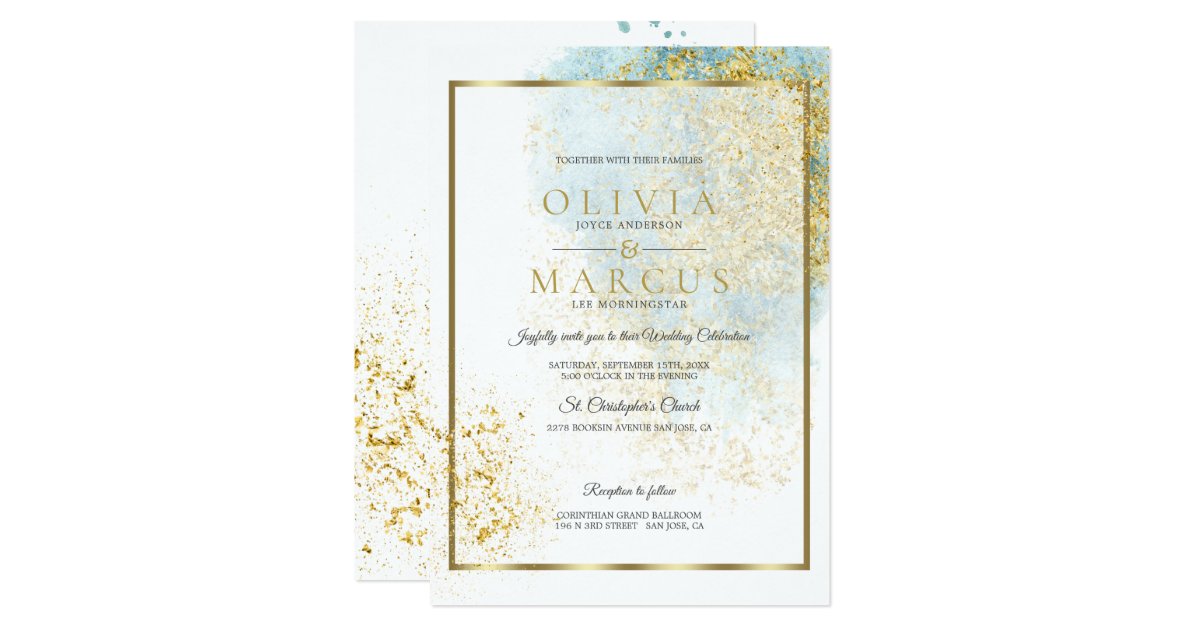 Wedding Modern Blue and Gold Watercolor Splash Invitation | Zazzle.com