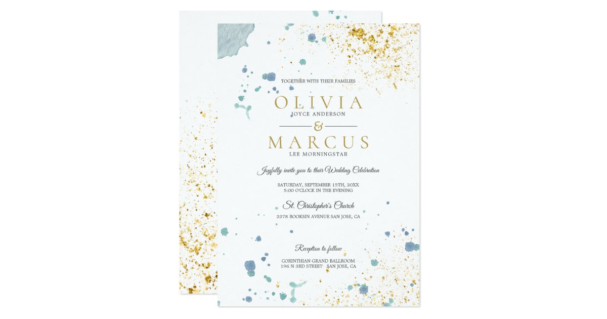 Wedding Modern Blue and Gold Watercolor Splatters Invitation | Zazzle.com