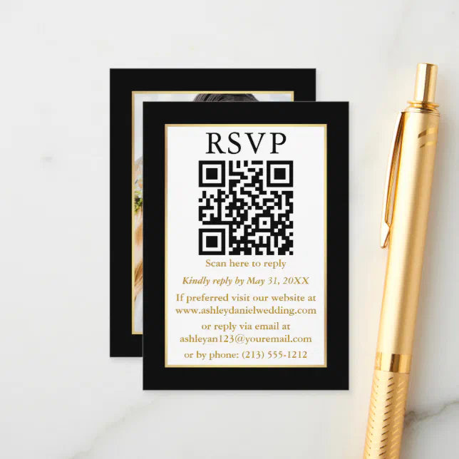 Wedding Modern QR Photo Gold Frame Black QR Enclosure Card | Zazzle