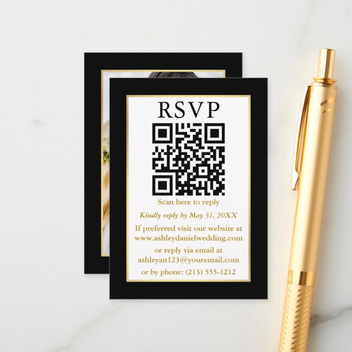 Wedding Modern QR Photo Gold Frame Black QR Enclosure Card | Zazzle.com
