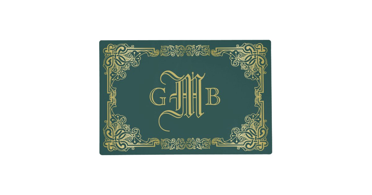 Wedding Monogram Classic Gold Frame Dark Green Placemat | Zazzle