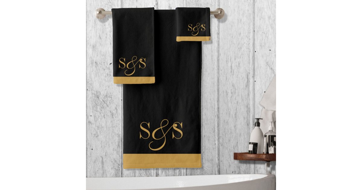 Wedding Monogram Gold Initials Serif Script Black Bath Towel Set | Zazzle