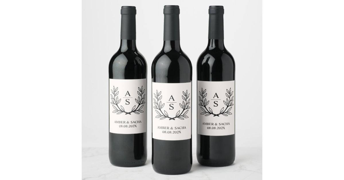 Wedding Monogram Logo With Wreath Wine Label | Zazzle