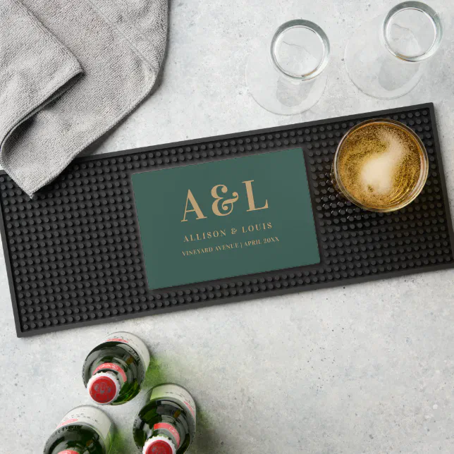 Wedding Monogram Minimalist Emerald Green Gold Bar Mat | Zazzle