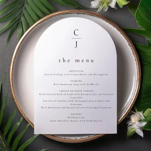 Wedding Monogram Modern Black White Arch Menu Card | Zazzle