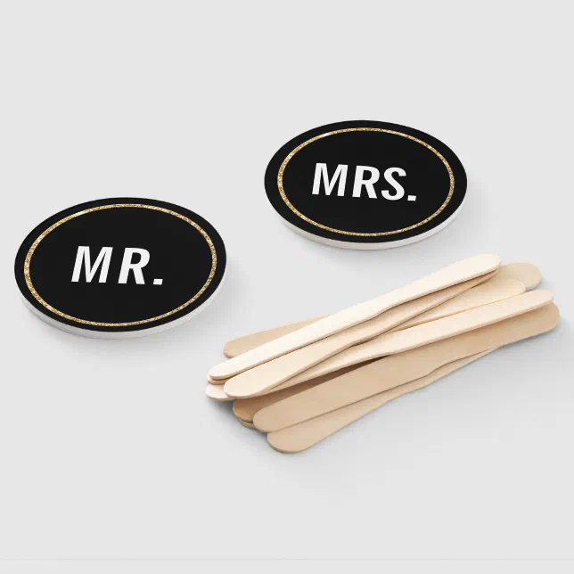 WEDDING MR AND MRS modern black white gold Hand Fan | Zazzle