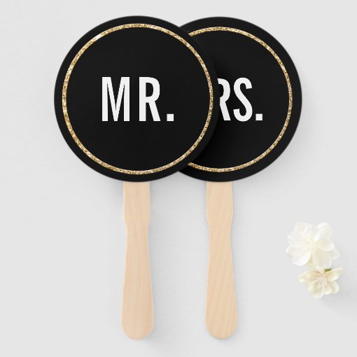 WEDDING MR AND MRS modern black white gold Hand Fan | Zazzle
