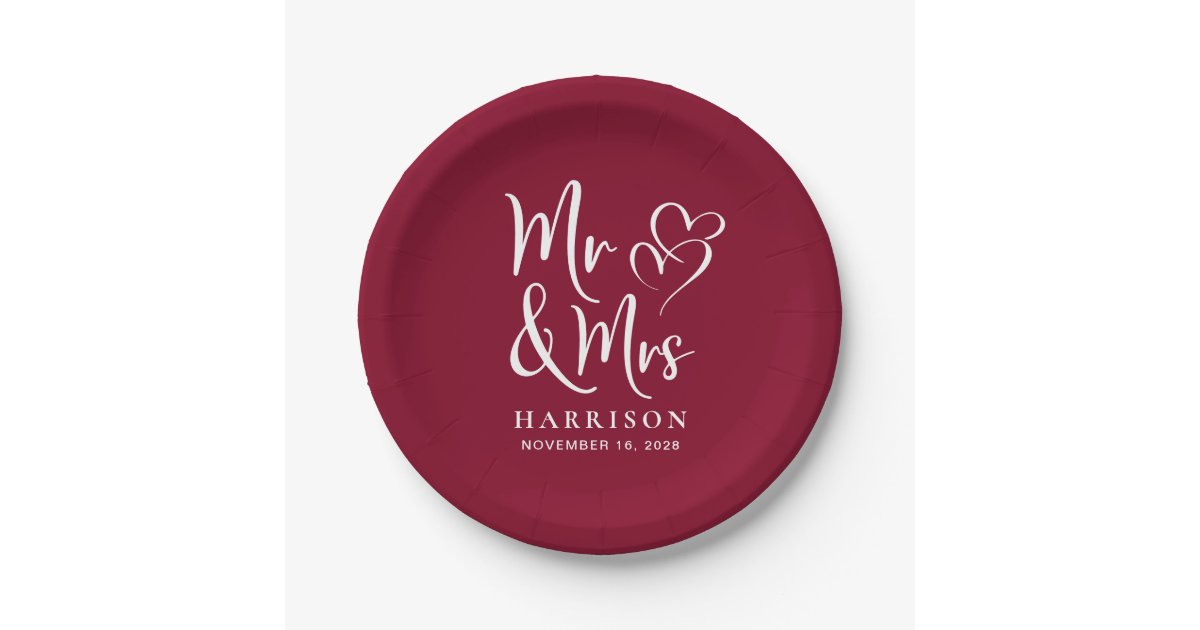 Wedding Mr Mrs Burgundy Paper Plates | Zazzle