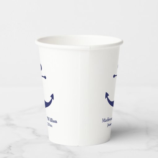 Wedding nautical anchor navy blue white name date paper cups | Zazzle
