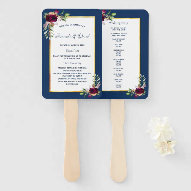 Wedding navy blue florals burgundy hand fan | Zazzle