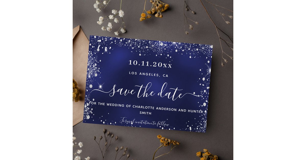 Wedding navy blue silver glitter save the date | Zazzle