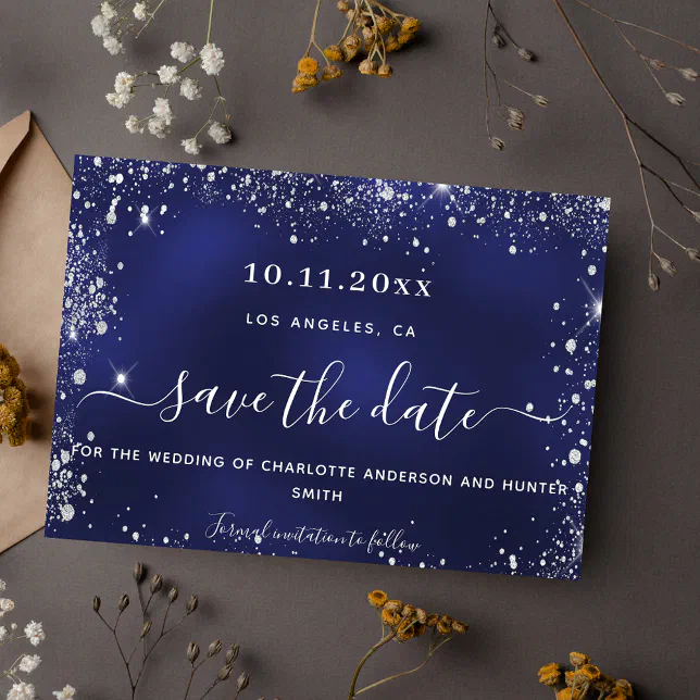 Wedding navy blue silver glitter save the date | Zazzle