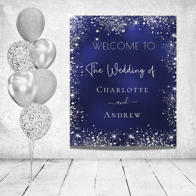 Wedding navy blue silver glitter welcome poster | Zazzle
