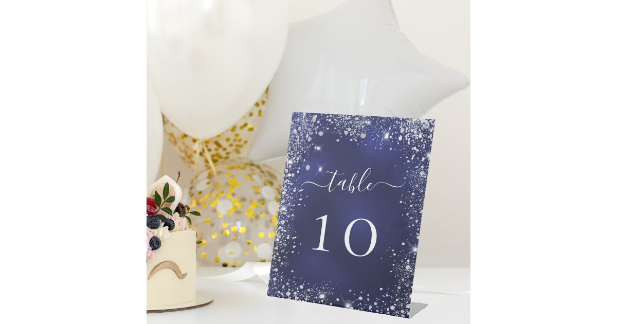 Wedding navy blue silver table number pedestal sign | Zazzle