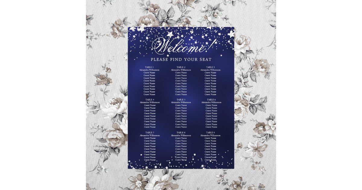 Wedding navy blue stars seat chart | Zazzle