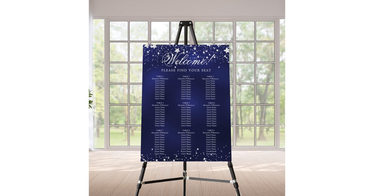 Wedding navy blue stars seat chart foam board | Zazzle