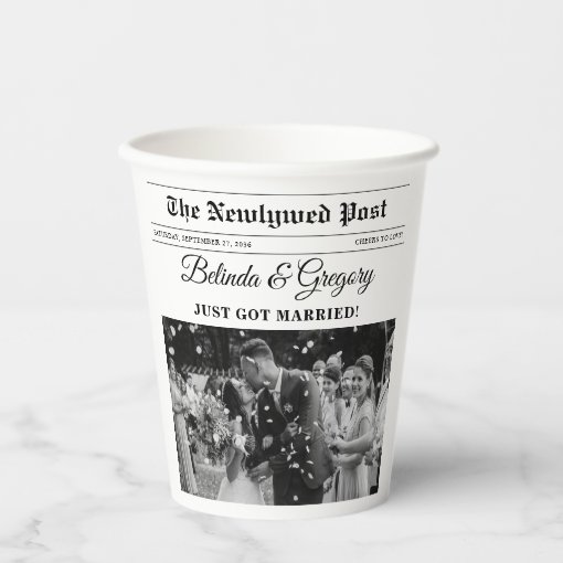 Wedding Newspaper Fun Black & White Photo Wedding Paper Cups | Zazzle