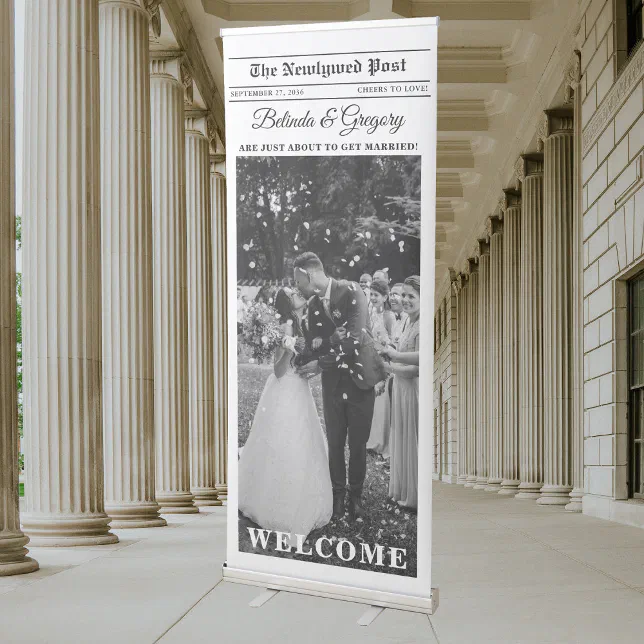 Wedding Newspaper Fun Black & White Photo Welcome Retractable Banner ...