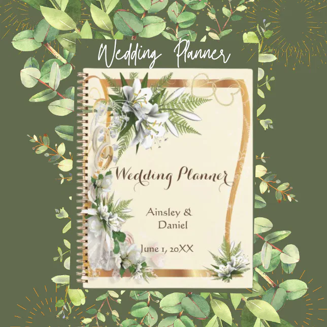 Wedding Notebook White Lillies & Gold Personalized | Zazzle