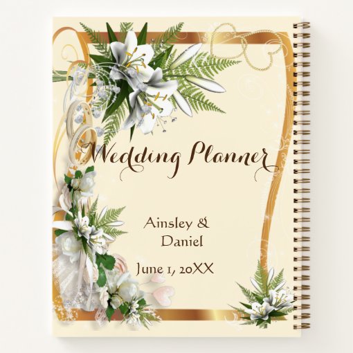 Wedding Notebook White Lillies & Gold Personalized | Zazzle