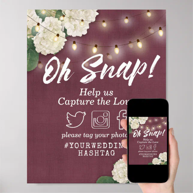 Wedding Oh Snap Hashtag Hydrangeas & String Lights Poster | Zazzle