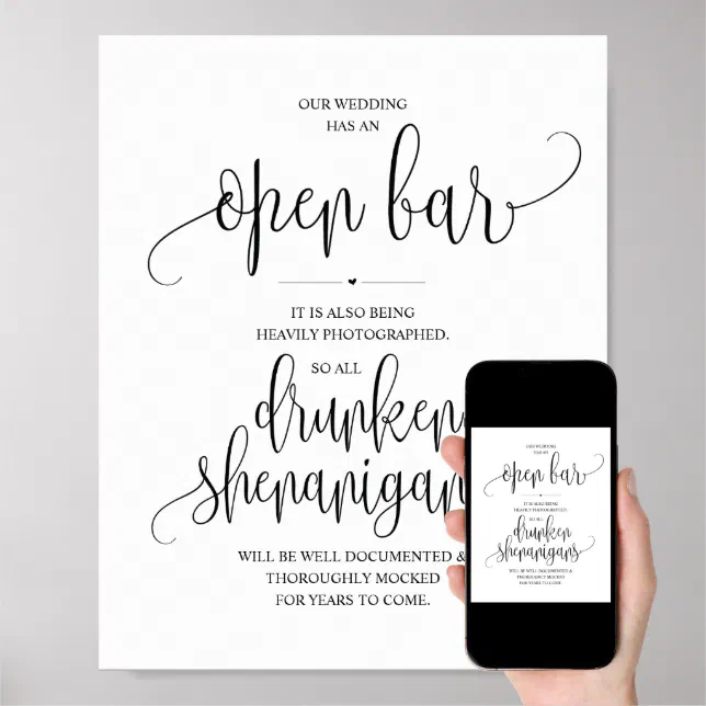 Wedding Open Bar, drunken shenanigans sign | Zazzle
