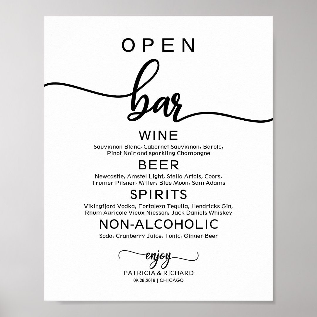 Wedding Open Bar Menu Sign Rustic Chic Calligraphy | Zazzle