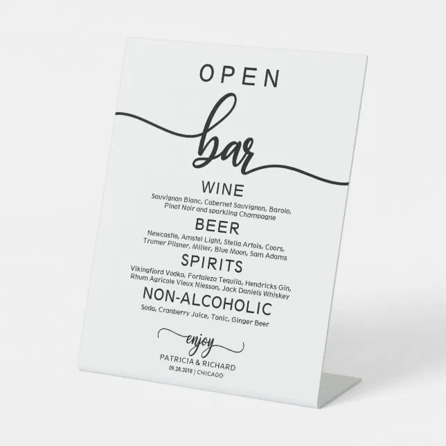 Wedding Open Bar Menu Sign Rustic Chic Calligraphy | Zazzle