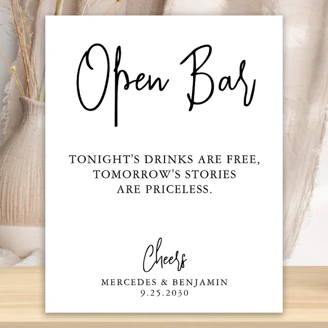 Wedding Open Bar Modern Calligraphy Personalized Poster | Zazzle