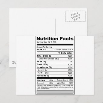 Wedding or Anniversary Sweet Funny Nutrition Label Postcard | Zazzle