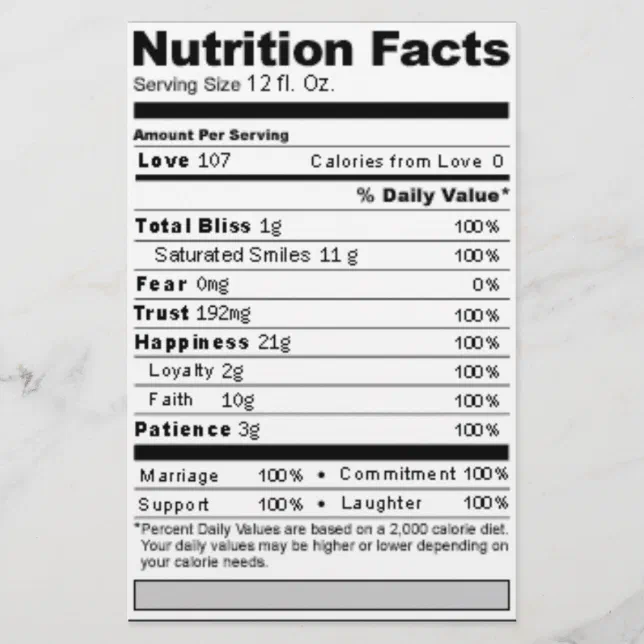 Wedding or Anniversary Sweet Funny Nutrition Label Stationery | Zazzle
