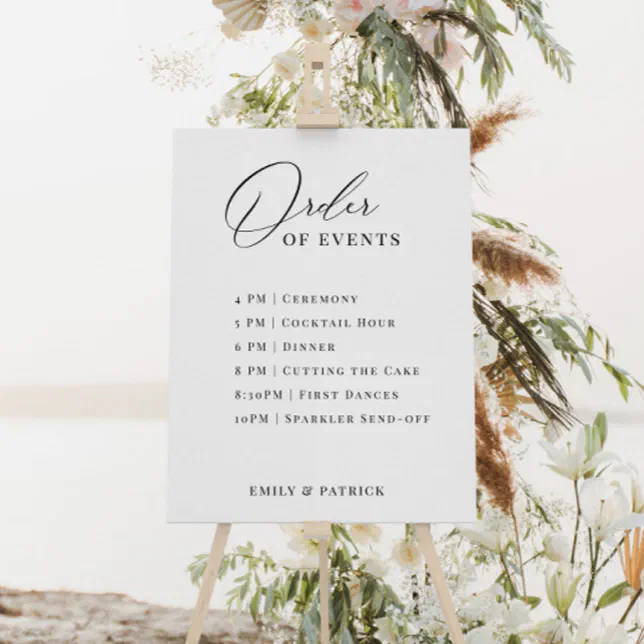 Wedding Order of Events Sign, Day of Schedule Foam Board | Zazzle
