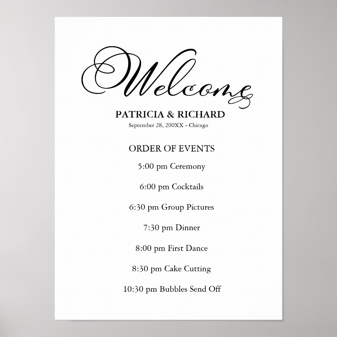 Wedding Order of Events Timeline Schedule Program Poster | Zazzle