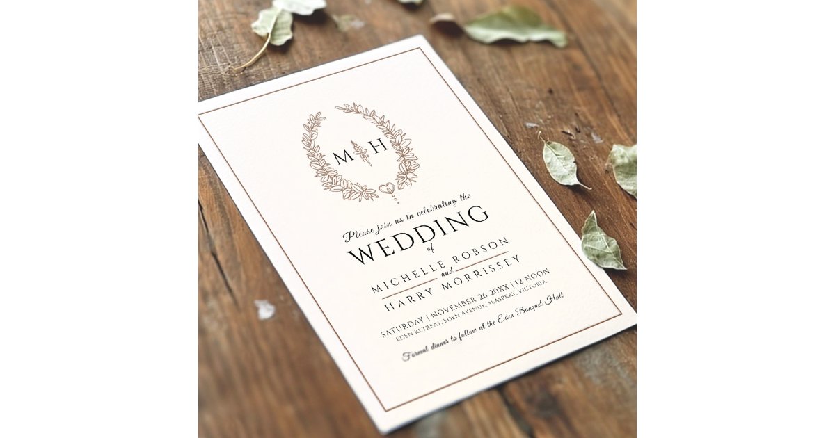 Wedding oval monogram leaves letterpress photo cards | Zazzle