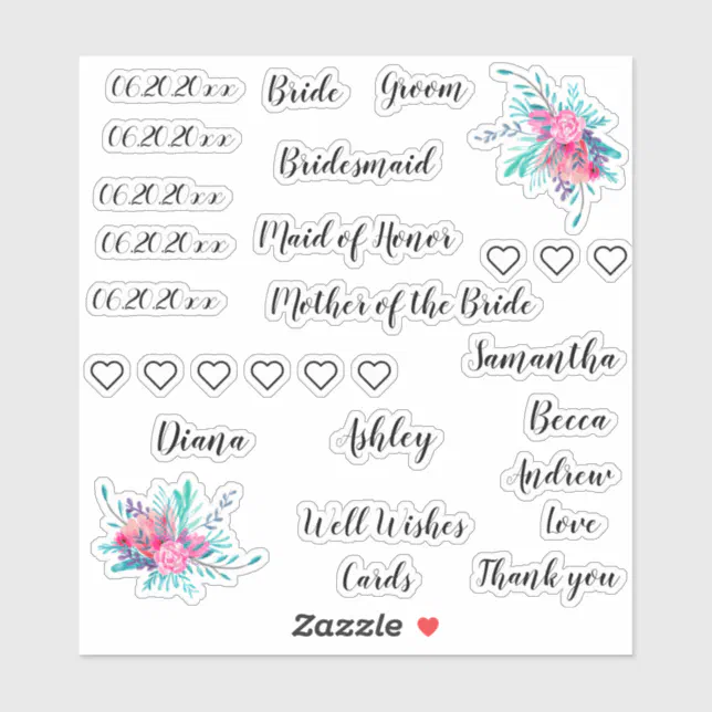 Wedding Pack | Typography names dates floral glass Sticker | Zazzle