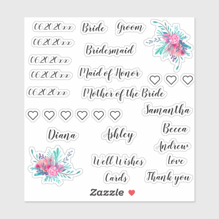 Wedding Pack | Typography names dates floral glass Sticker | Zazzle
