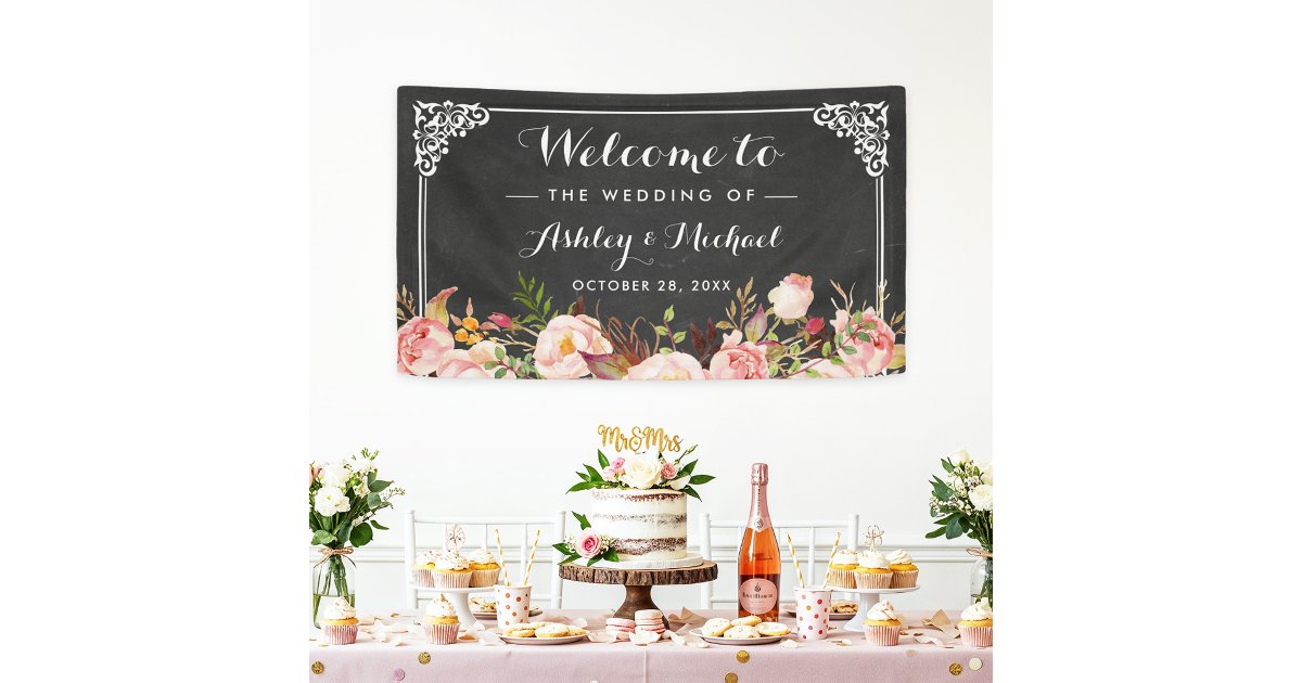 Wedding Party Vintage Chalkboard Rustic Floral Banner | Zazzle