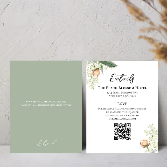 Wedding Peach Details QR Code RSVP Green Enclosure Card | Zazzle