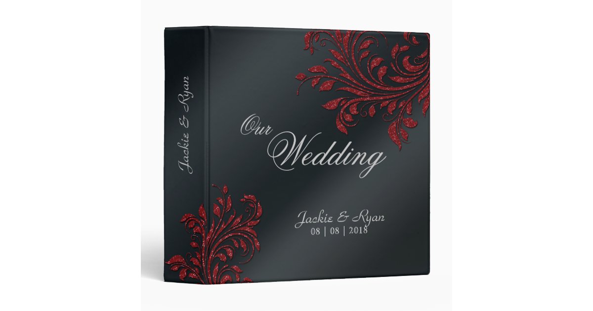 Wedding Photo Album Leaf Sparkle Red Black Binder | Zazzle
