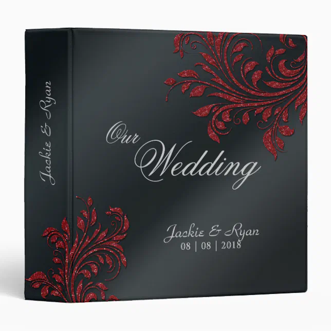 Wedding Photo Album Leaf Sparkle Red Black Binder | Zazzle