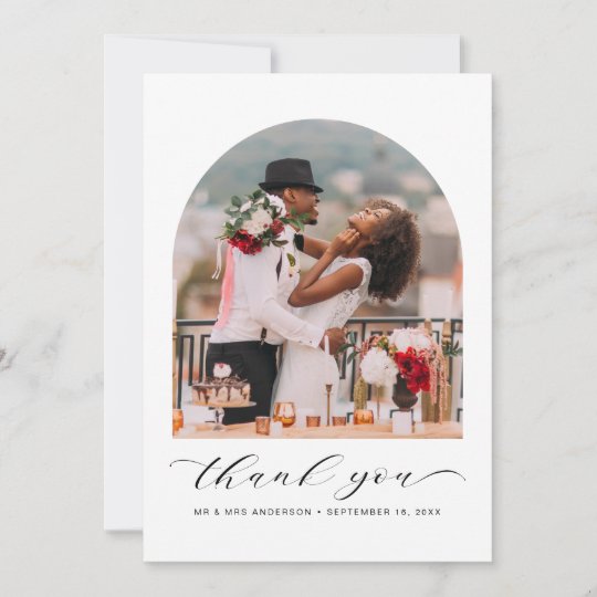 Wedding Photo Arched Frame Elegant Script Thank You Card | Zazzle.com