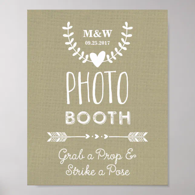 Wedding Photo Booth Sign Burlap Hearts Arrows | Zazzle