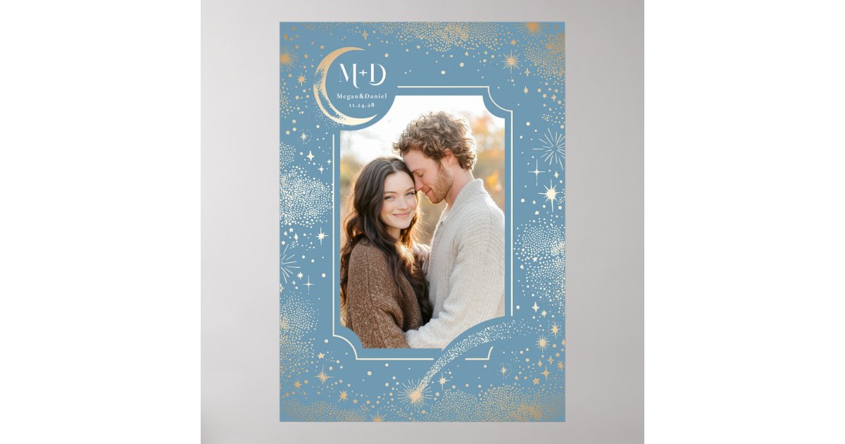 Wedding Photo Celestial Light Blue Stars Moon Poster | Zazzle